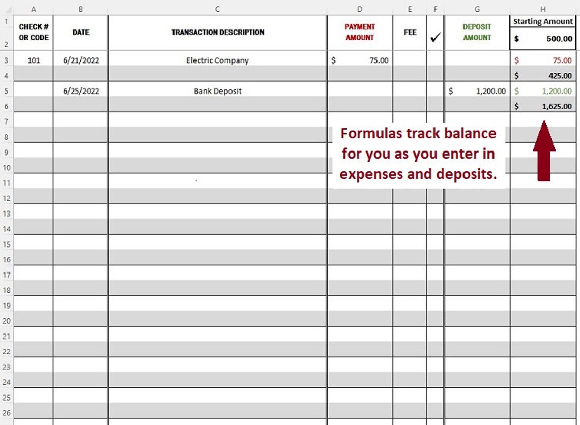 Digital Checkbook Register - for Online Use With Excel - Etsy