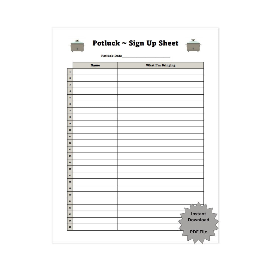 Printable Potluck Sign up Sheet, Potluck Sign up Sheet PDF File, Prints ...
