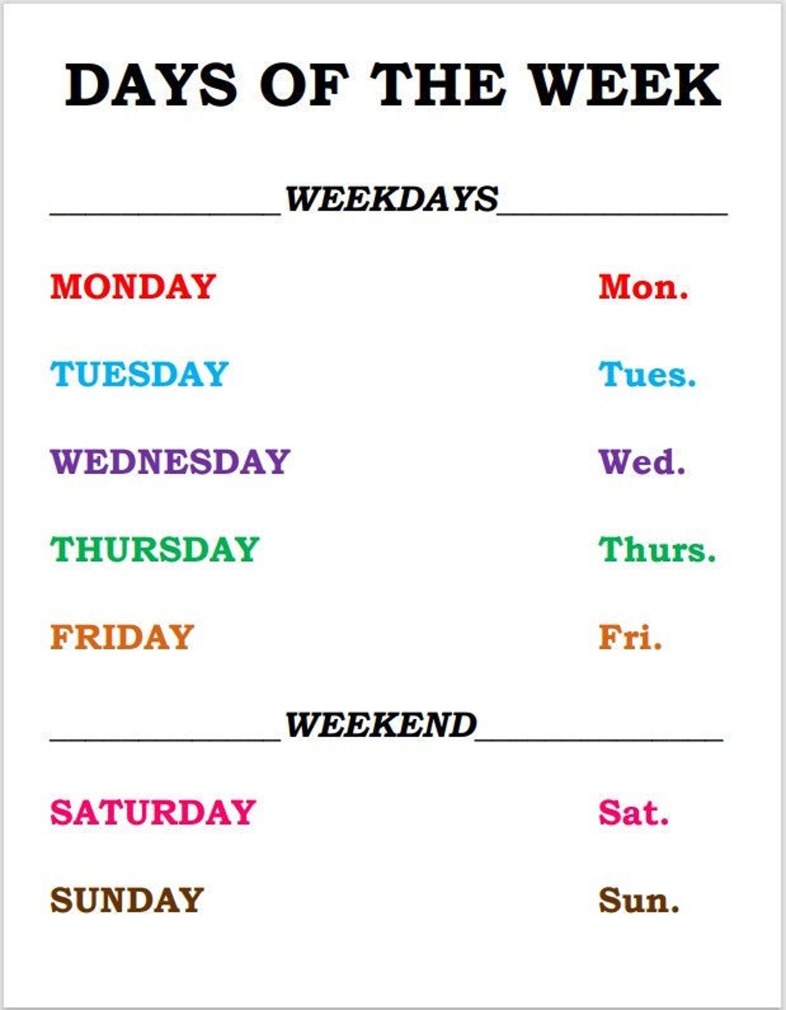 Printable Days of the Week Chart Home School Chart for Teaching Days of ...
