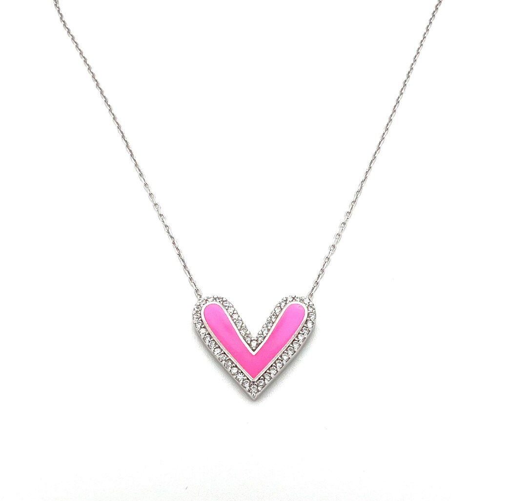 Pink Heart Enamel Dainty Chain Silver Necklace Dainty Pink CZ Necklace ...