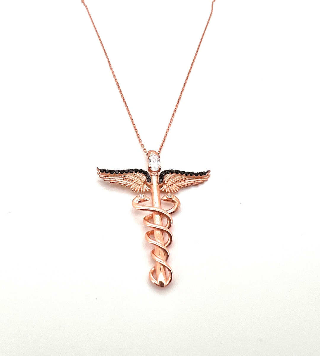 Caduceus Angel Nurse Necklace Sterling Silver Cubic Zirconia Gemstone ...