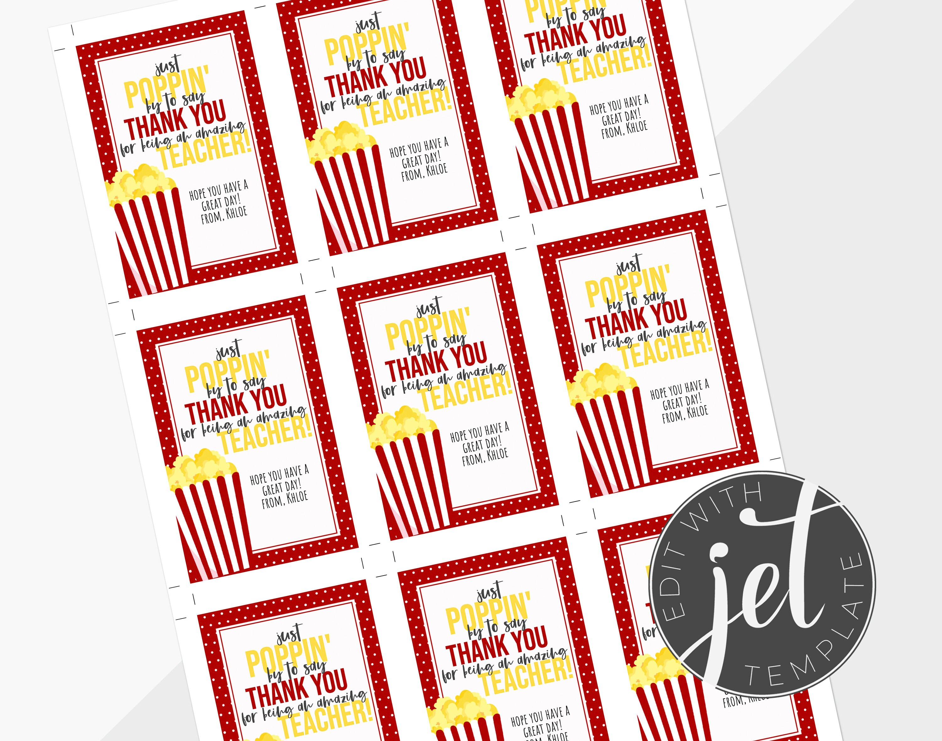 Just Poppin' in to Say Thank You, Popcorn Editable Cute Tags for ...