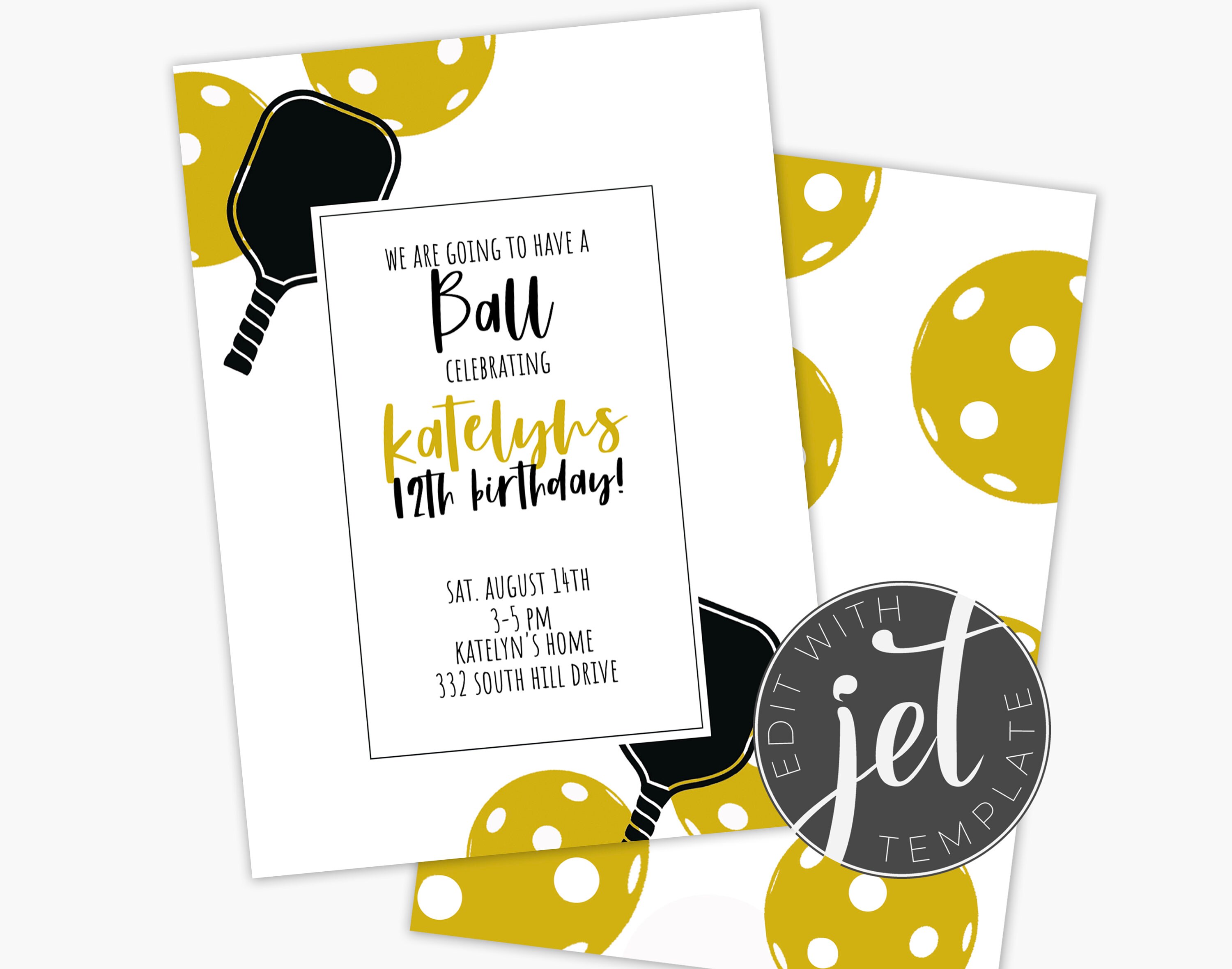 Pickleball Birthday Invitation, Modern Yellow and Black Pickleball ...