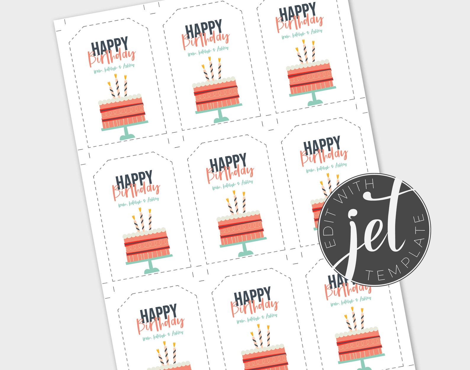 Happy Birthday Cake Printable Editable Tags Cute Modern - Etsy