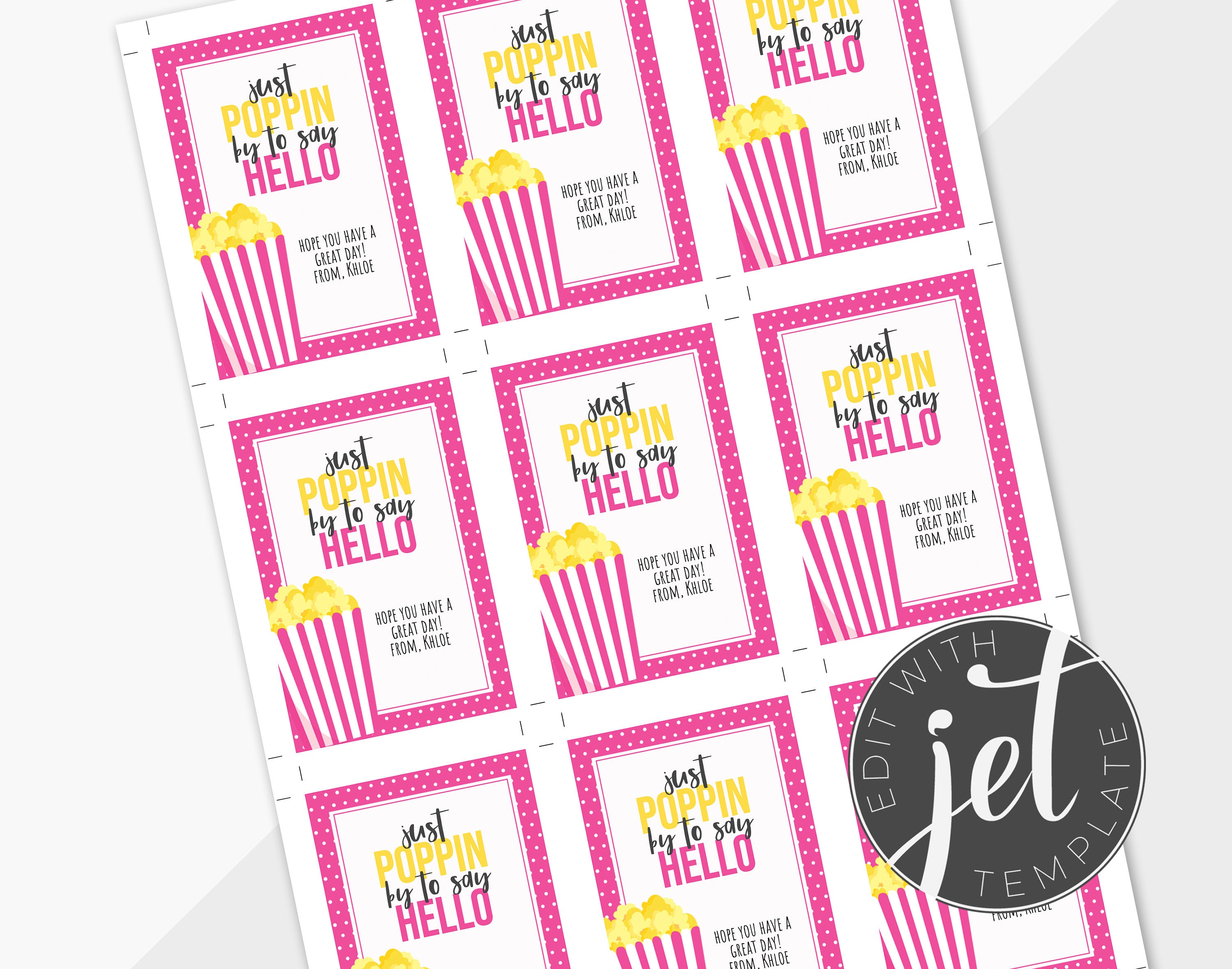 Just Poppin in to Say Hi, Popcorn Editable Cute Tags, Modern Simplistic ...