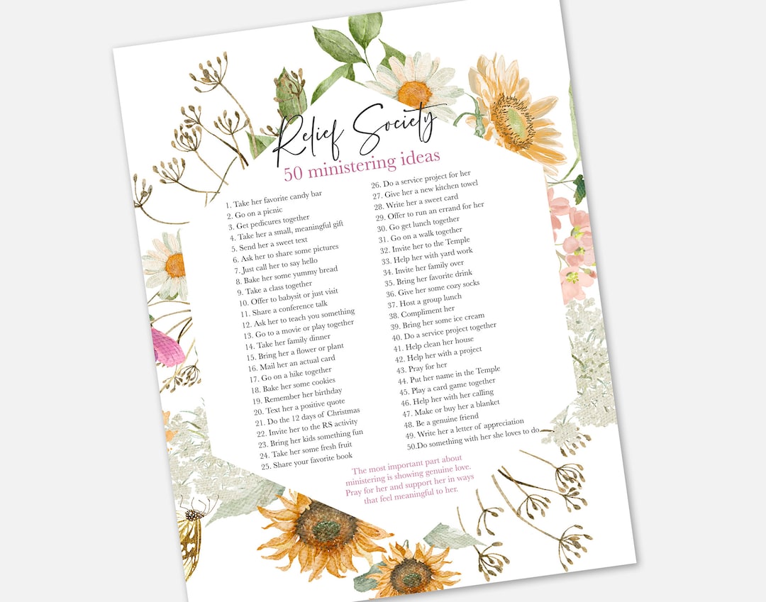 50 Ministering Ideas Printable for Relief Society, Relief Society 50 ...