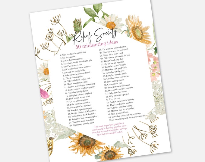 50 Ministering Ideas Printable for Relief Society, Relief Society 50 ...