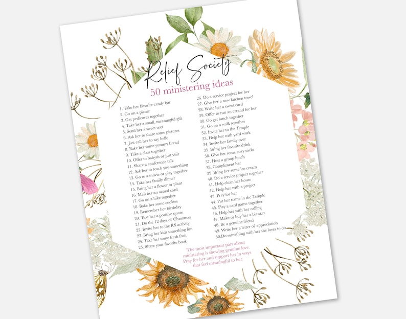 50 Ministering Ideas Printable for Relief Society, Relief Society 50 ...