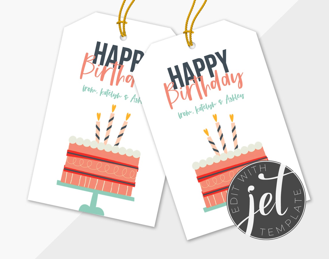 Happy Birthday Cake Printable Editable Tags Cute Modern - Etsy