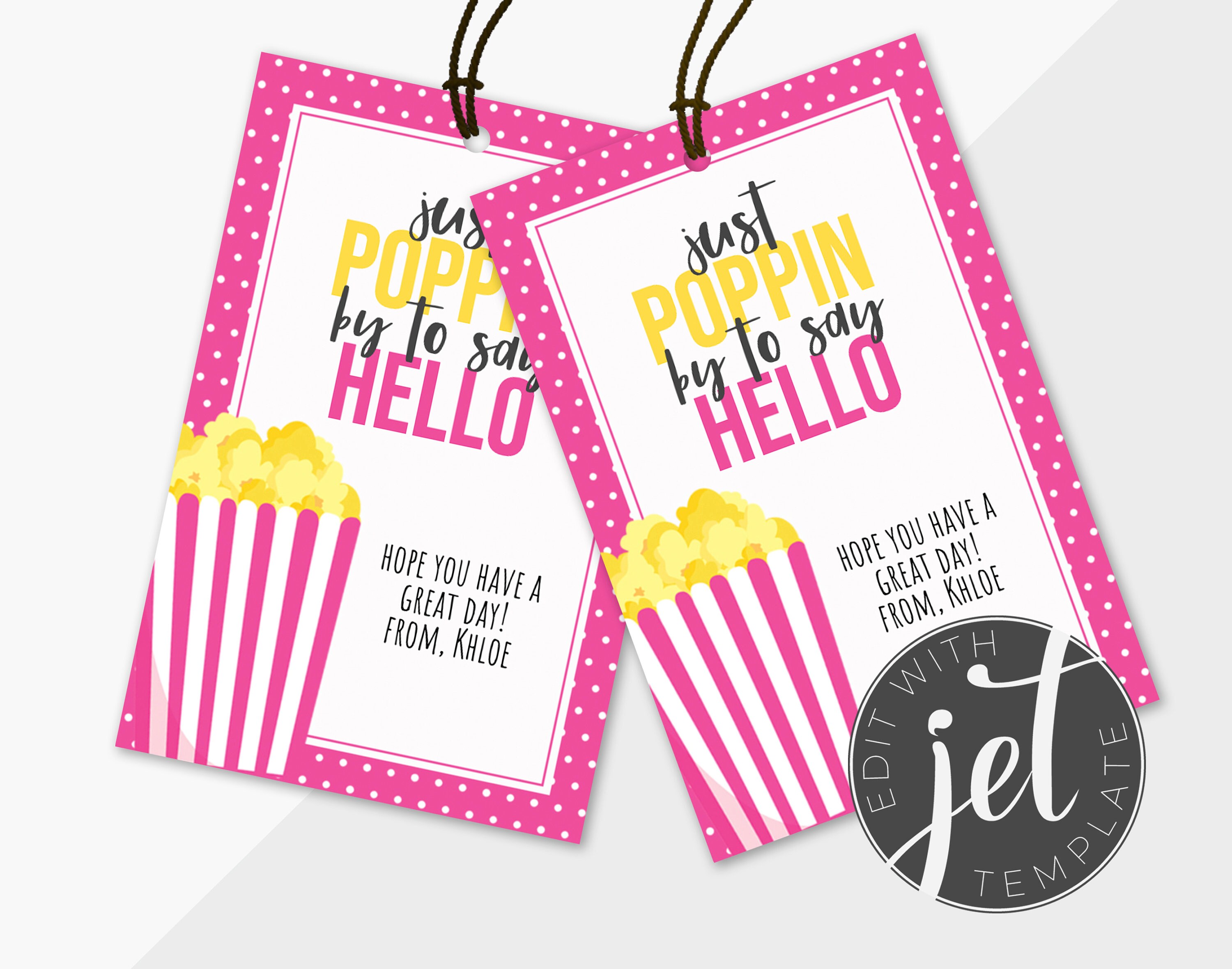 Just Poppin in to Say Hi, Popcorn Editable Cute Tags, Modern Simplistic ...