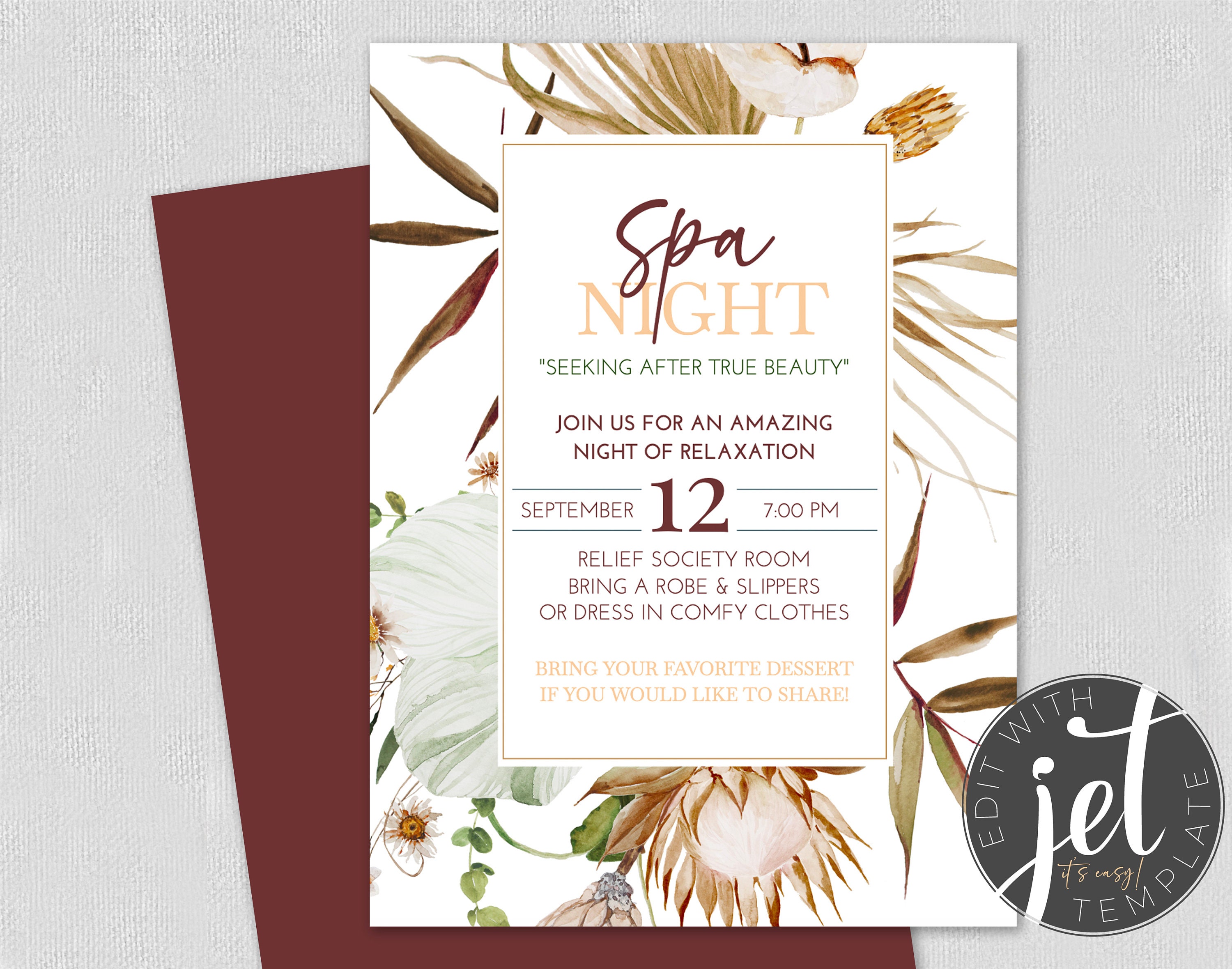 Spa Night Invitation, Editable Spa Invitation, Modern Elegant Boho ...