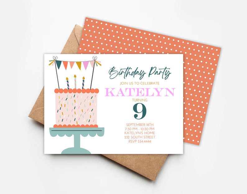 Editable Birthday Cake Party Invitation, Cute Modern Pink Teal Orange ...