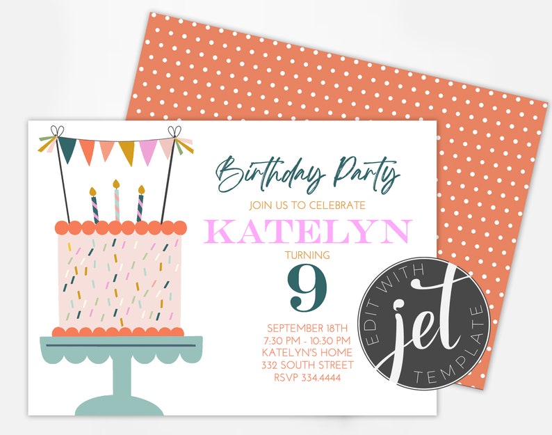 Editable Birthday Cake Party Invitation, Cute Modern Pink Teal Orange ...