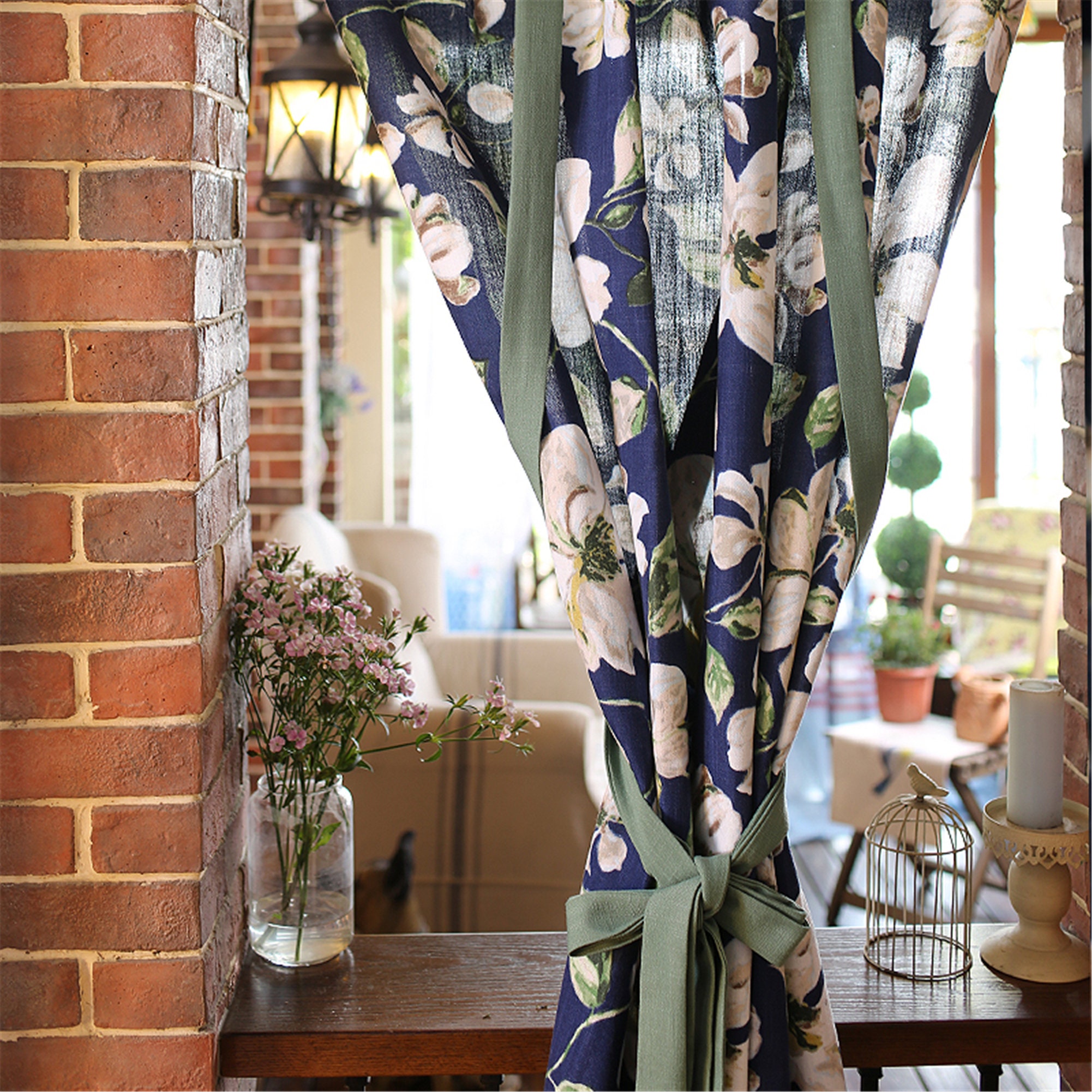 Big Floral Drapery / Pull up Curtain / Blue Curtain With Bow - Etsy