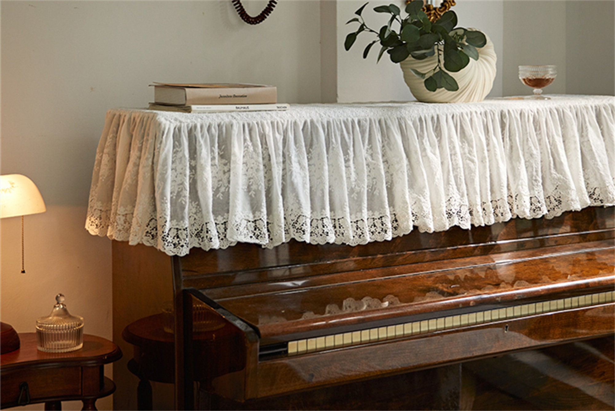Piano Cover/piano Bench Cover/white Lace Decor Piano Cover/piano Dust ...