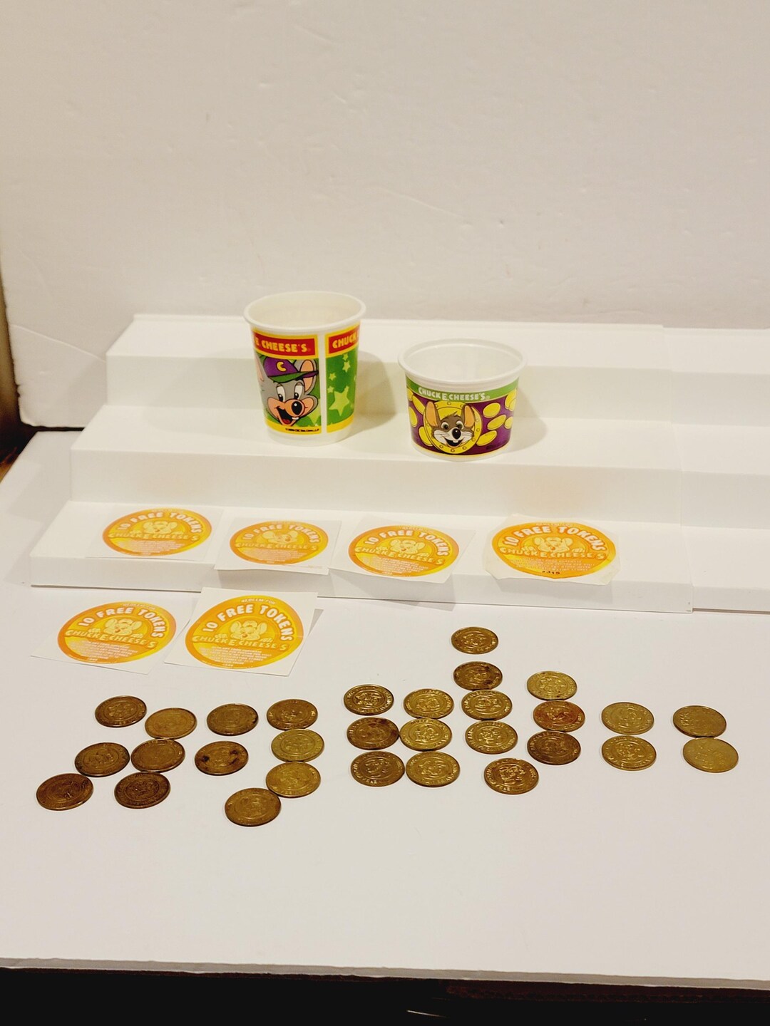 Vintagevchuck E Cheese Plastic Token Coin Cup, Tokens and Stickers Set ...