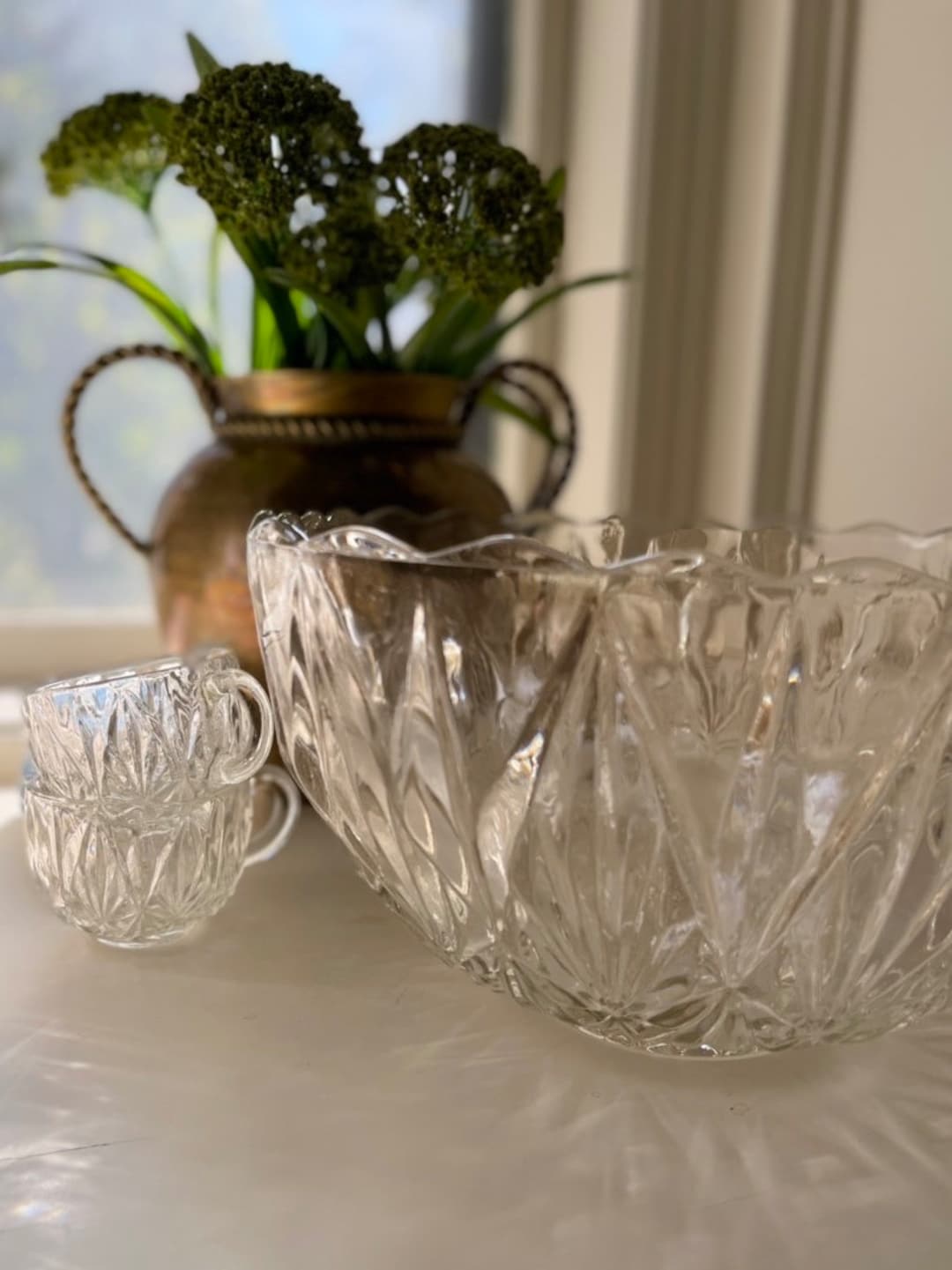Vintage Glass Punch Bowl Set - Vintage Clear Glass Punch Cups - Bridal ...