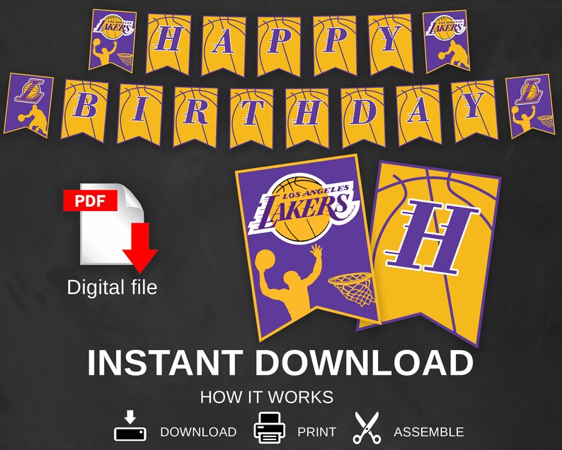 INSTANT DOWNLOAD Birthday Banner Los Angeles Lakers party | Etsy