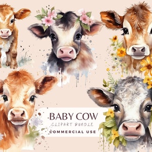Watercolor Baby Cow Clipart Bundle Clipart PNG for Commercial - Etsy