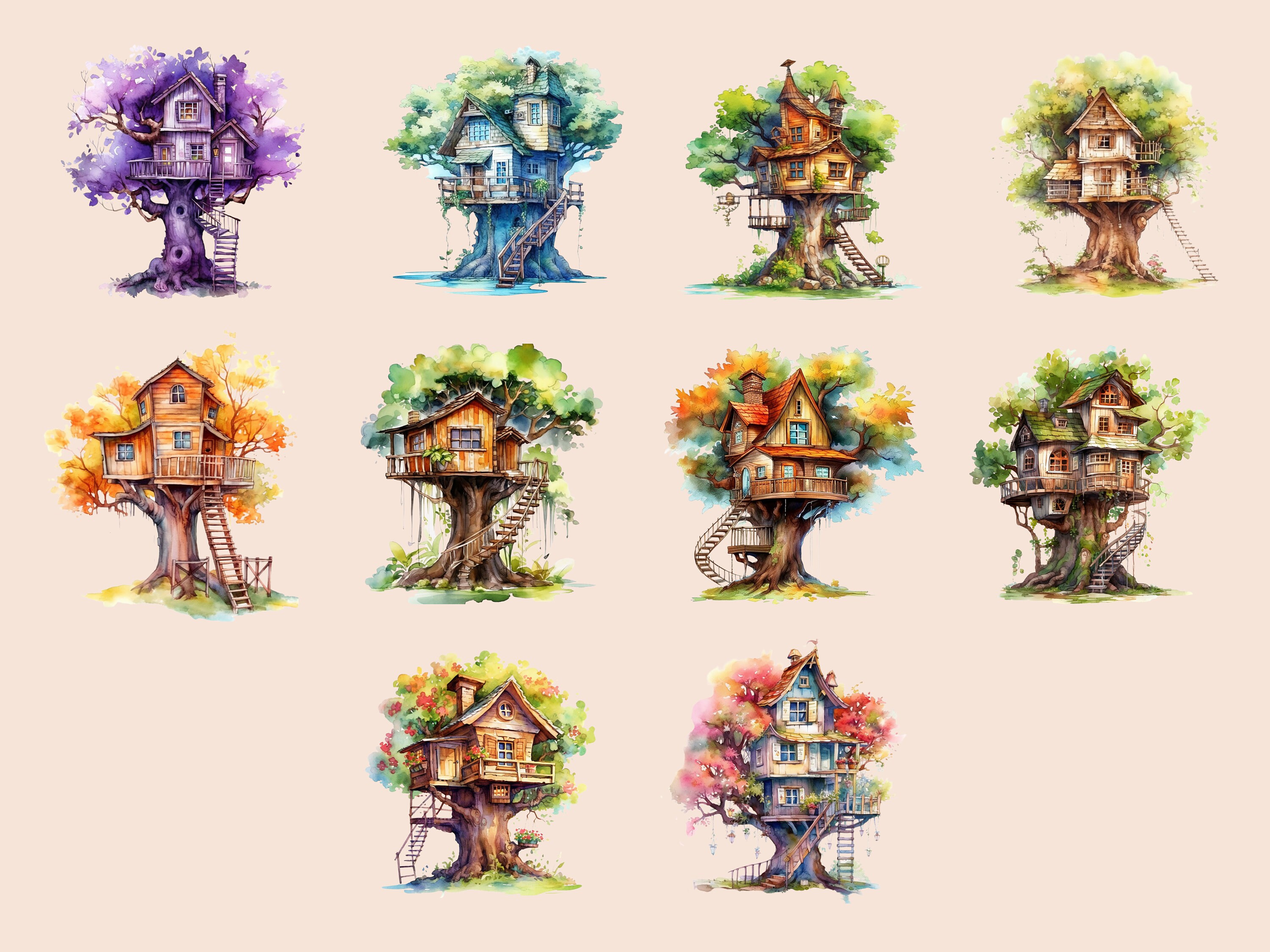 Tree House Watercolor Clipart Bundle Commercial Use Digital - Etsy