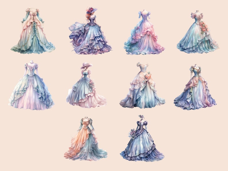 Victorian Dress Watercolor Clipart Vintage Dresses Clip Art Etsy