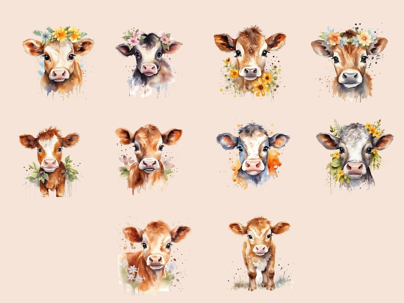 Watercolor Baby Cow Clipart Bundle Clipart PNG for Commercial - Etsy