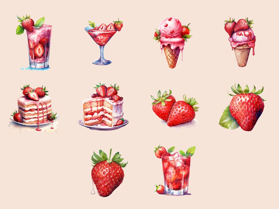 Watercolor Strawberry Clipart Bundle Beautiful Fruit PNG - Etsy
