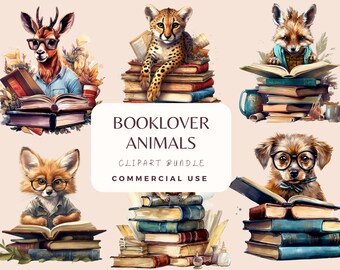 Watercolor Reading Animals Clipart Baby Animals Png Bundle - Etsy