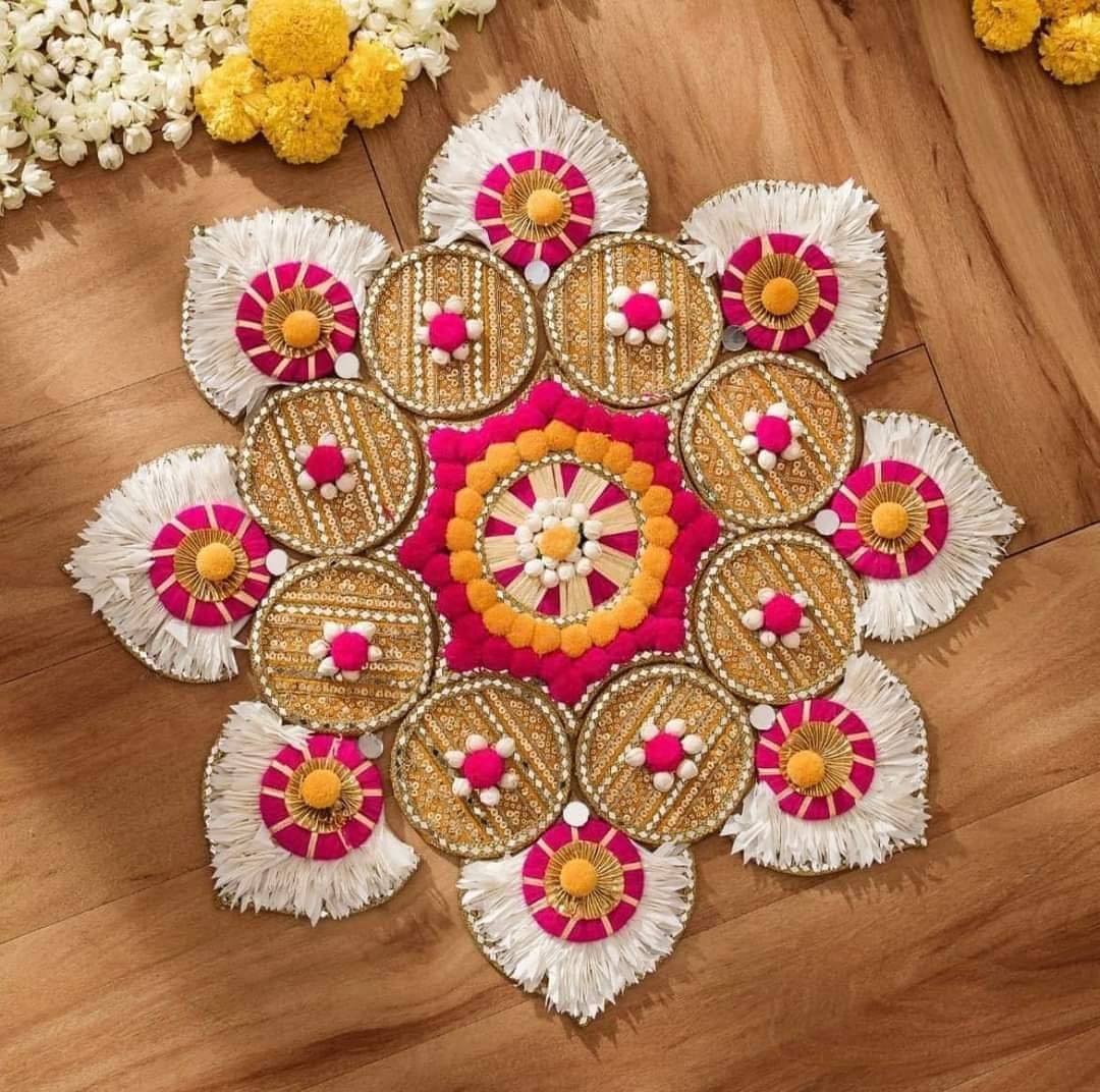 Aesthetic Rangoli Set, Pom Pom, Pearl & Mirror, Festive Home Decor ...