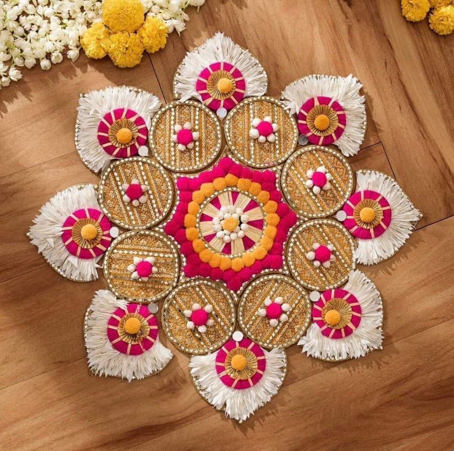 Aesthetic Rangoli Set, Pom Pom, Pearl & Mirror, Festive Home Decor ...