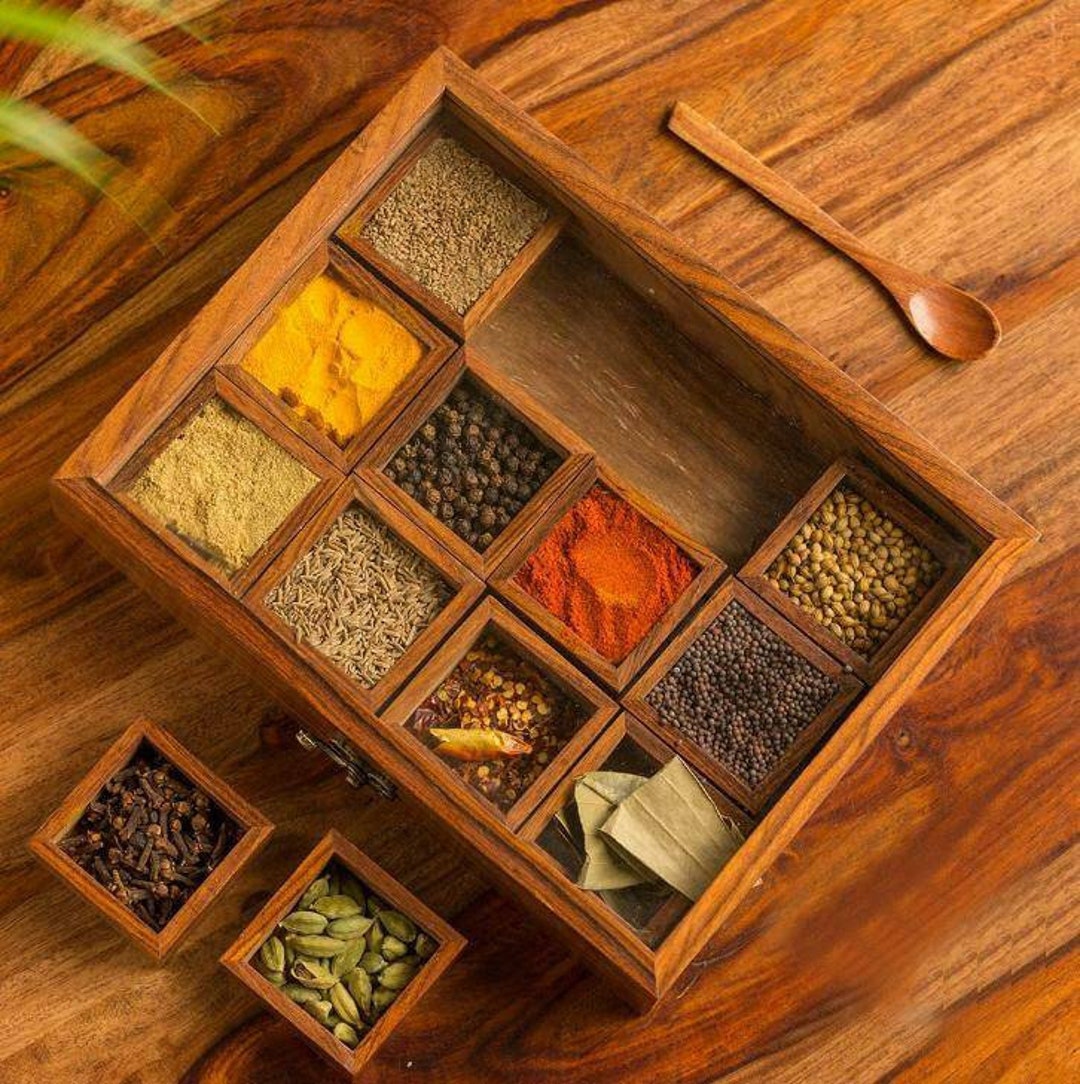 Wood Spice Box With Spoon and Removable 12 Containers Dry Fruit Box ...