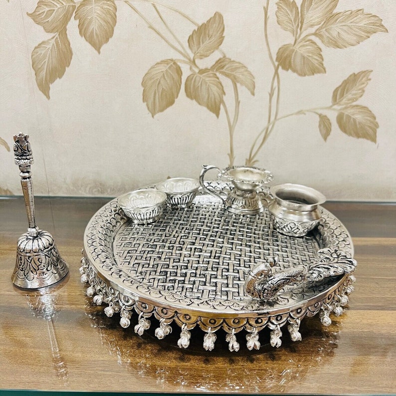 Indian Peacock Engraved Pooja Plate Set, German Silver Puja Thali for ...