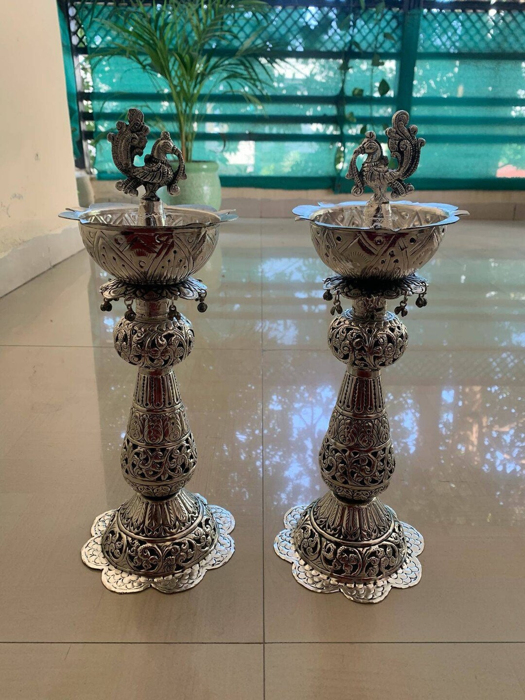 Set of 2 German Silver Peacock Samayee Diyas, Diwali Gifts, Aesthetic ...