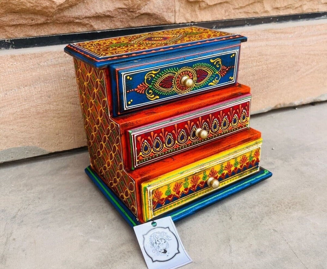Colorful Keepsake Box, Wooden Hand Painted Indian Folk Art, Jewelry ...