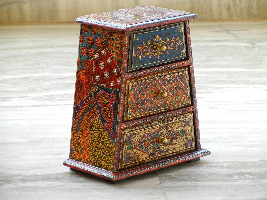 Ethnic Drawer Organiser, Wooden Chest of Drawer, Keepsake India Hand ...