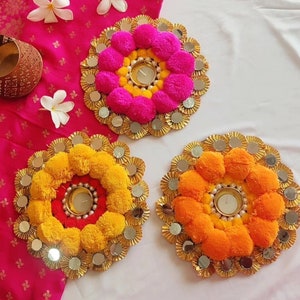 Set of 3 Diwali Rangoli Set, Pom Pom & Mirror Diya, Party Decoration ...