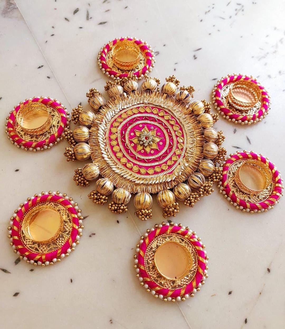 Handmade Festive Rangoli Set, Tealight Gota Patti & Beaded Pearl, Home ...