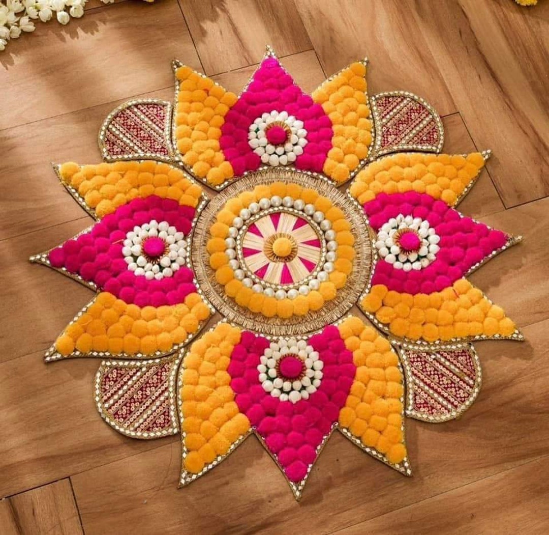 Indian Floral Rangoli Set, Gota Patti & Pom Pom, Navratri Pooja Table ...