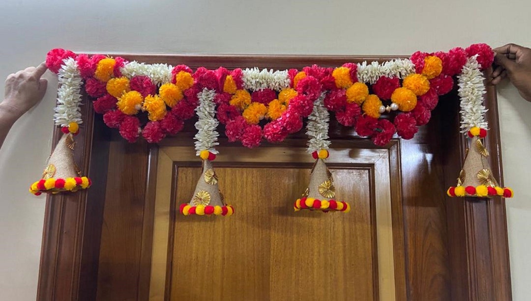Toran Door Hanging, Diwali Backdrop, Marigold Door Valence, Jute & Pom ...