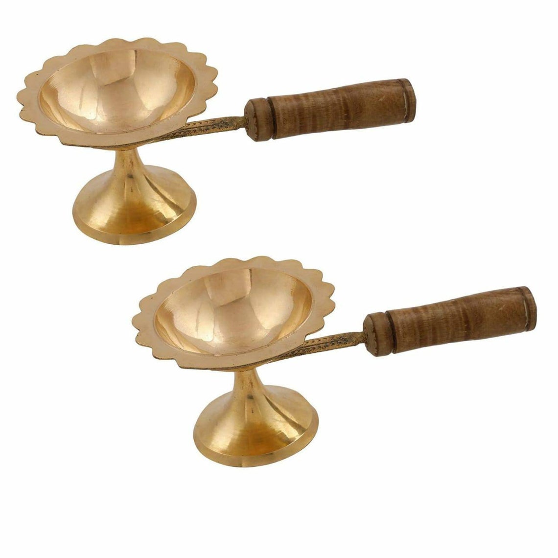 Brass Hand Carved Diya With Wooden Handle Worship Arti Diya - Etsy