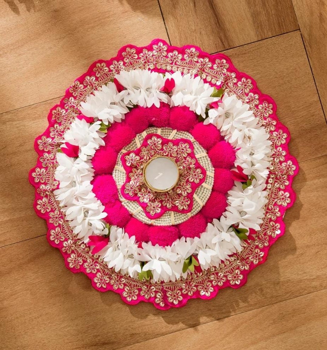 Indian Floral Rangoli Set, Aesthetic Navratri Pooja Table LED Lights ...