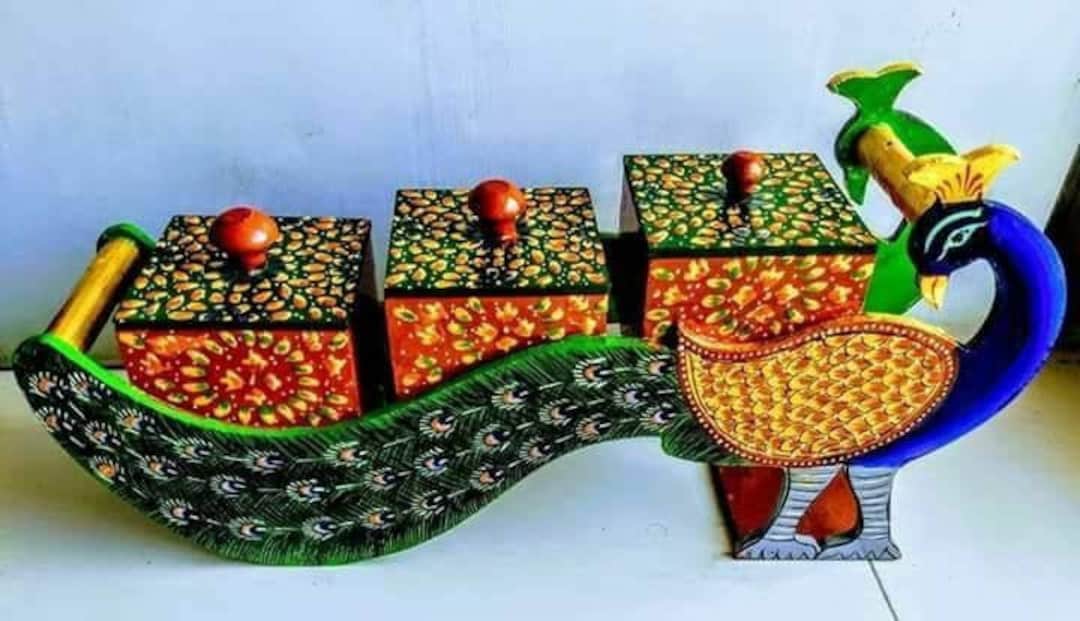 Indian Handmade Peacock Paper Mache Wooden Box, Snack Box, Dry Fruit ...