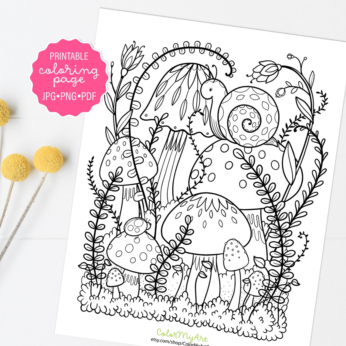 Cute Mushroom and Snail Coloring Page Woodland Mushroom - Etsy