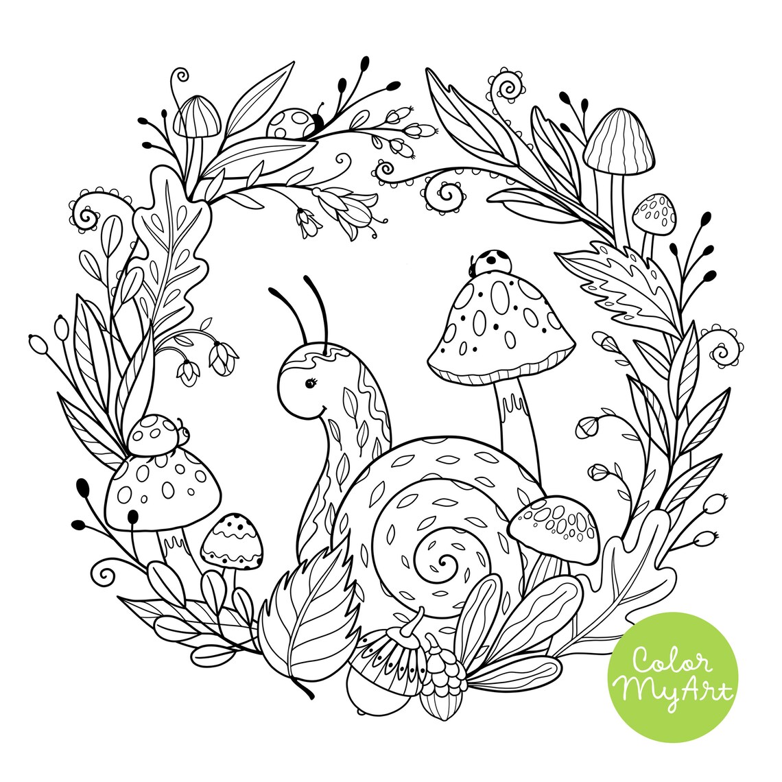 Fall Woodland Wreath Coloring Page Cute Snail Whimsical - Etsy