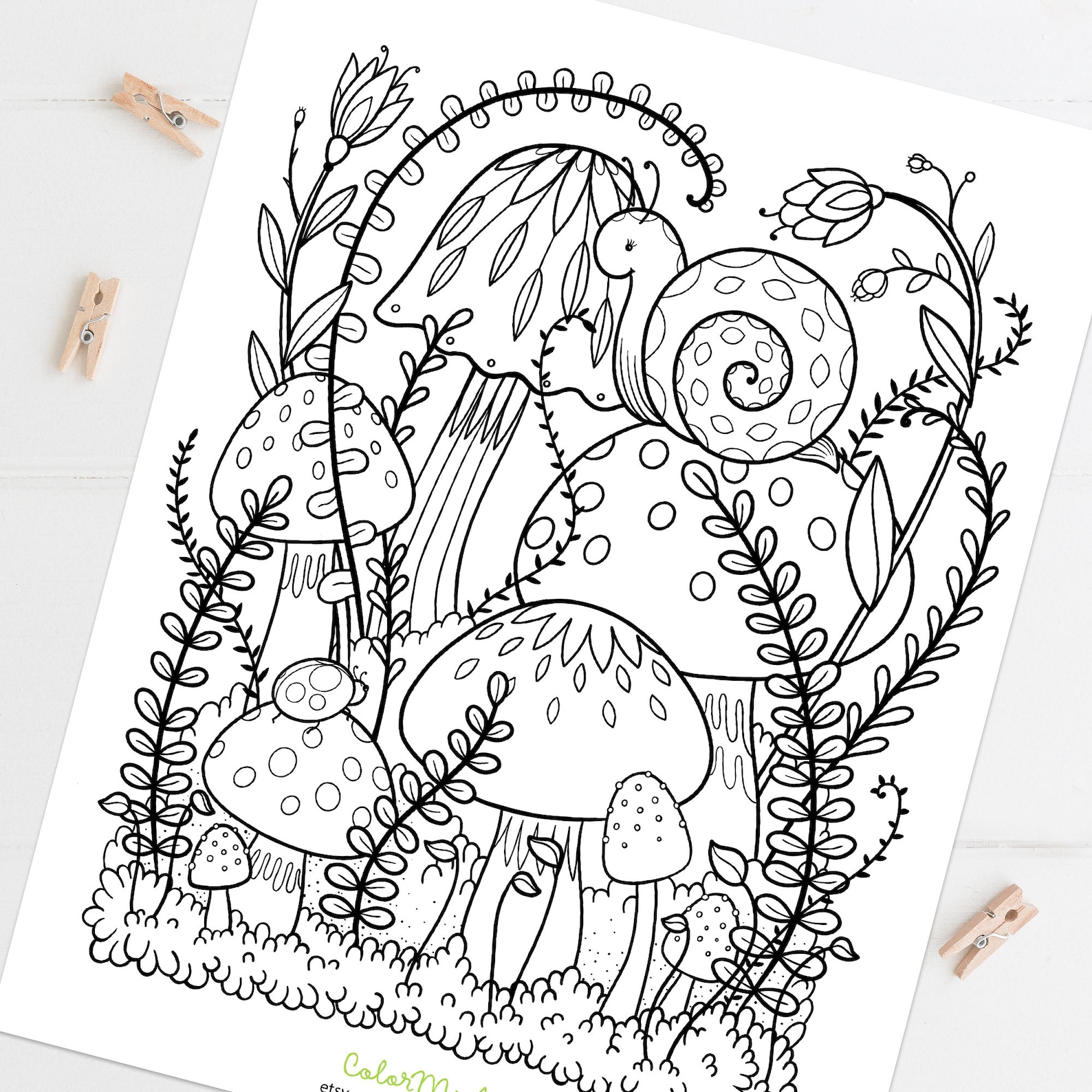 Cute Mushroom and Snail Coloring Page Woodland Mushroom - Etsy