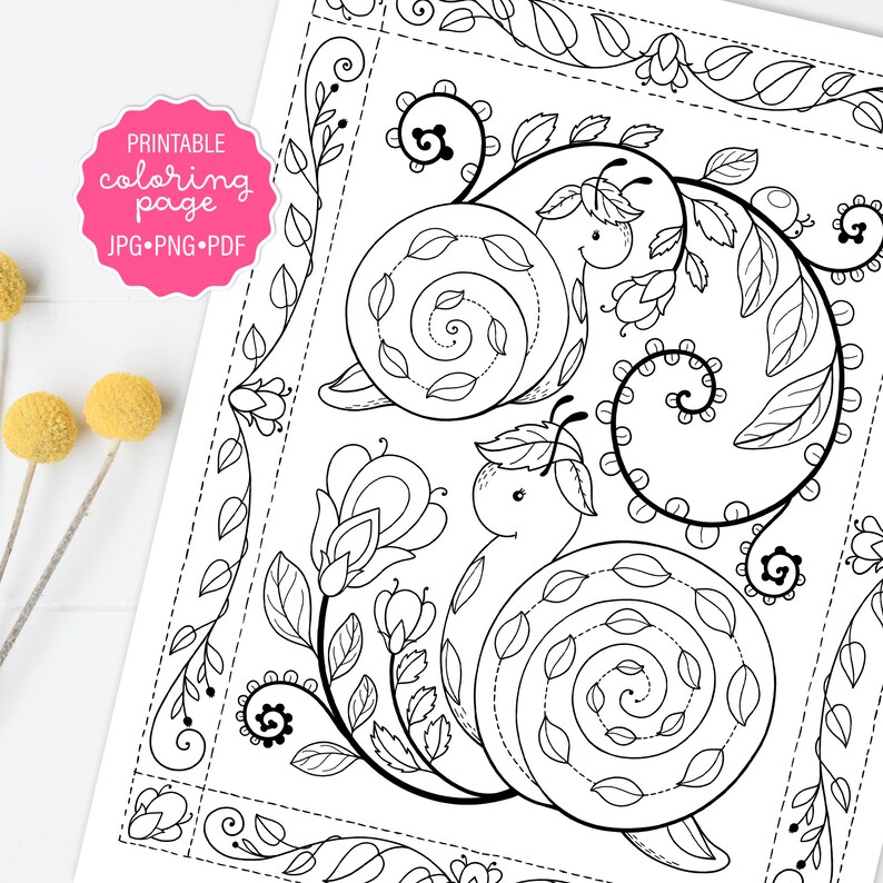 Cute Snails Coloring Page, Forest Snail Coloring Sheet, Whimsical ...