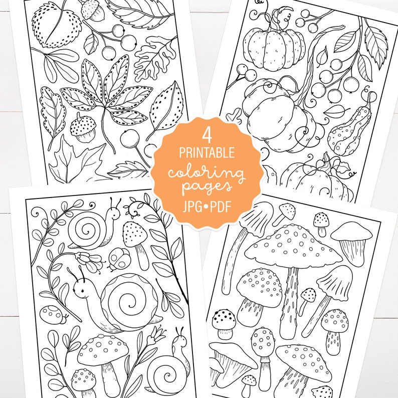 Cute Fall Pumpkins, Mushrooms, Leaves and Snails Coloring Page Set of 4 ...