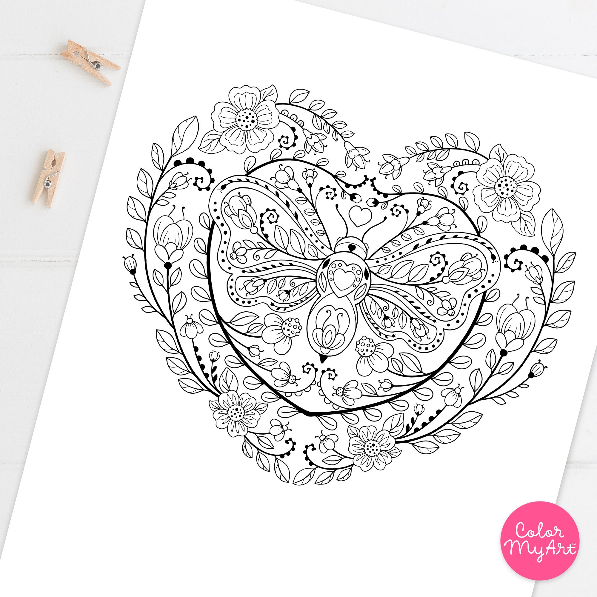 Bee and Butterfly Coloring Pages, Folk Art Heart Coloring Sheets, Set ...