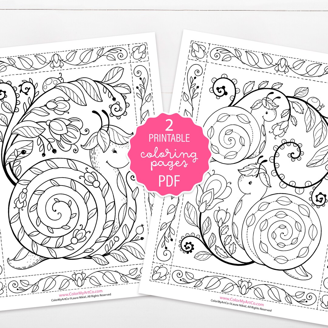 Cute Snails Coloring Page Set, Woodland Snails Coloring Sheet, Forest ...