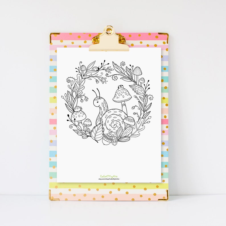 Fall Woodland Wreath Coloring Page Cute Snail Whimsical - Etsy